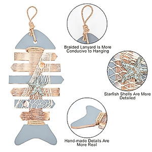 PH PandaHall 50cm/19 Inch Wooden Fish Wall Decor Beach Theme Home Decor Nautical Decoration Fish Bone Wall Decor with Starfish and Shells for Home Holiday House Garden Office Hotel Party, 1pc