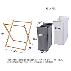 Homhope Large Double Laundry Basket Sorter with Hidden Handles, Foldable Bamboo X-Frame Dual Laundry Hamper, Dirty Clothes Basket with 2 Sections, Divided Laundry Organizer, Removable Waterproof Bag