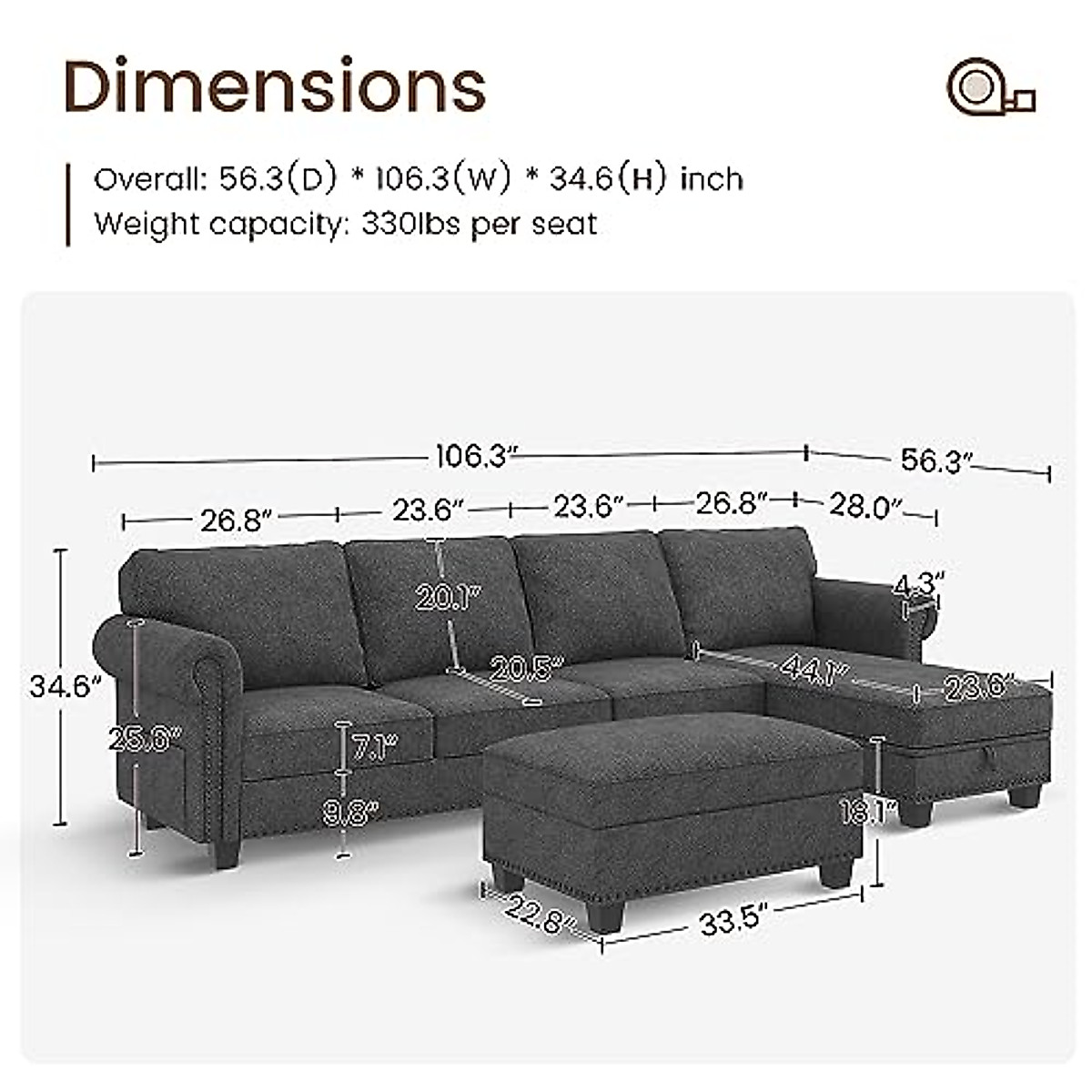 Nolany Sectional Couch with Chaise, L Shaped Convertible Sofa Couch with Storage Ottoman Sectional Sofa Set for Living Room Furniture Sets Dark Grey