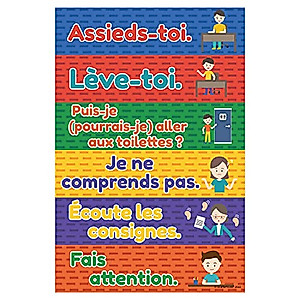 Quarterhouse French Classroom Phrases and Commands Label Set, French - ESL Classroom Learning Materials for K-12 Students and Teachers, Set of 18, 12 x 3 Inches, Extra Durable