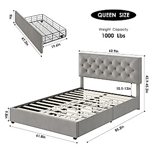 HOSTACK Queen Size Bed Frame with 4 Storage Drawers, Modern Upholstered Platform Bed with Adjustable Headboard,Button Tufted Bed Frame with Wood Slat Support,No Box Spring Needed(Grey, Queen)