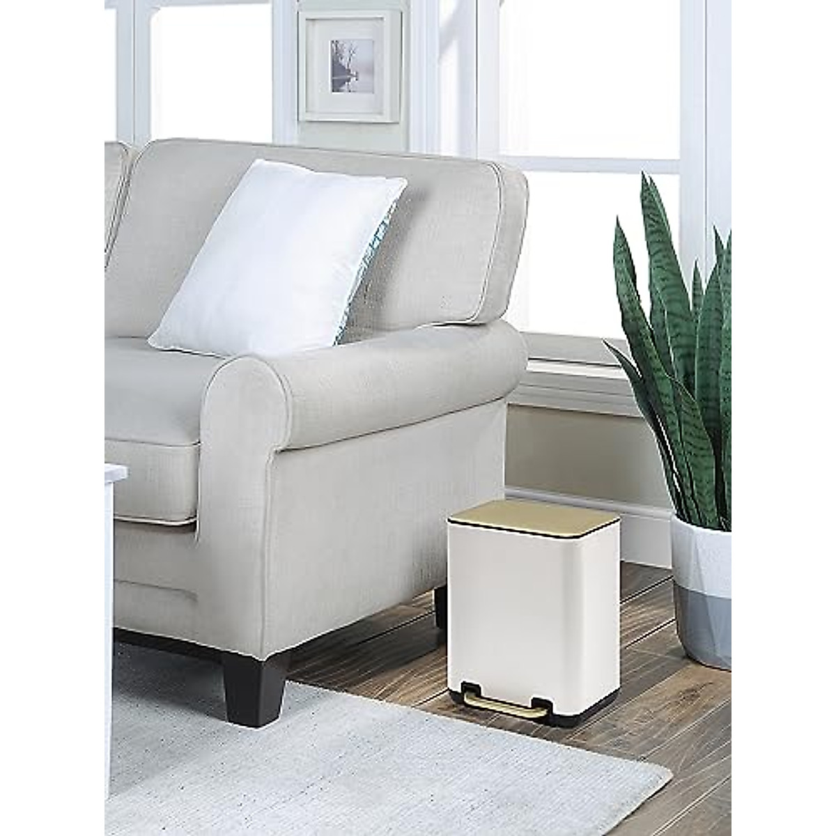 SunnyPoint 6 Liter / 1.58 Gallon Trash Can with Plastic Inner Buckets; Rectangle Bathroom, Office, Kitchen, and Bedroom Step On and Slow Close (WHT+Gold)