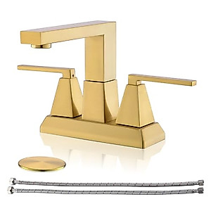 BRAVEBAR Brushed Gold 2 Handle Bathroom Faucet - 4In Centerset Faucet Bathroom | Modern Brass Faucets for Bathroom Sink with Pop Up Drain Assembly & 360° Swivel Spout Gold