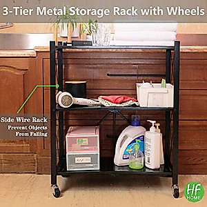 HFHOME 3 Tier Freestanding Metal Storage Rack Foldable Rack, Perforated Sheet Layer Storage Shelving Unit with Wheels for Kitchen Garage Collapsible Heavy Duty Organizer Shelves, Black