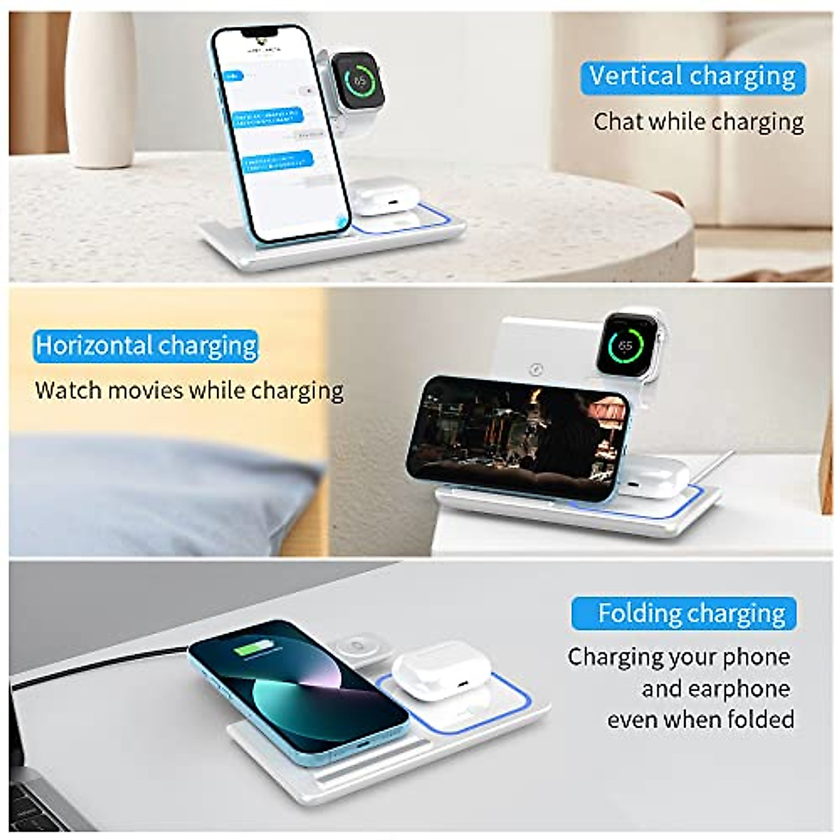 Foldable Wireless Charger, Veernoo 3 in1 Fast Wireless Charger Station for AirPods Pro/2 Apple Iwatch7/ 6/SE/5/4/3/2/1,iPhone 14/13/12/11 Series/XS MAX/XR/XS/X/8/8 Plus