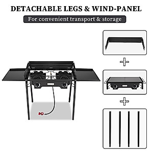 ROVSUN 2 Burner Outdoor Camping Stove with Wind Panel & Shelves, Heavy Sturdy Propane Burner, Gas Cooker with Detachable Legs & CSA Regulator & Carrying Bag for Home Camp Paito Cooking Frying Canning