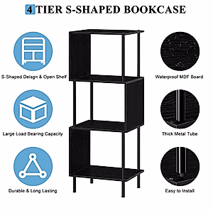 ETELI Small Bookshelf Unique S Shaped 4 Shelf Bookcase Free Standing Industrial Book Storage Shelves for Living Room, Bedroom, and Home Office, Rustic Book Organizer & Metal Frame