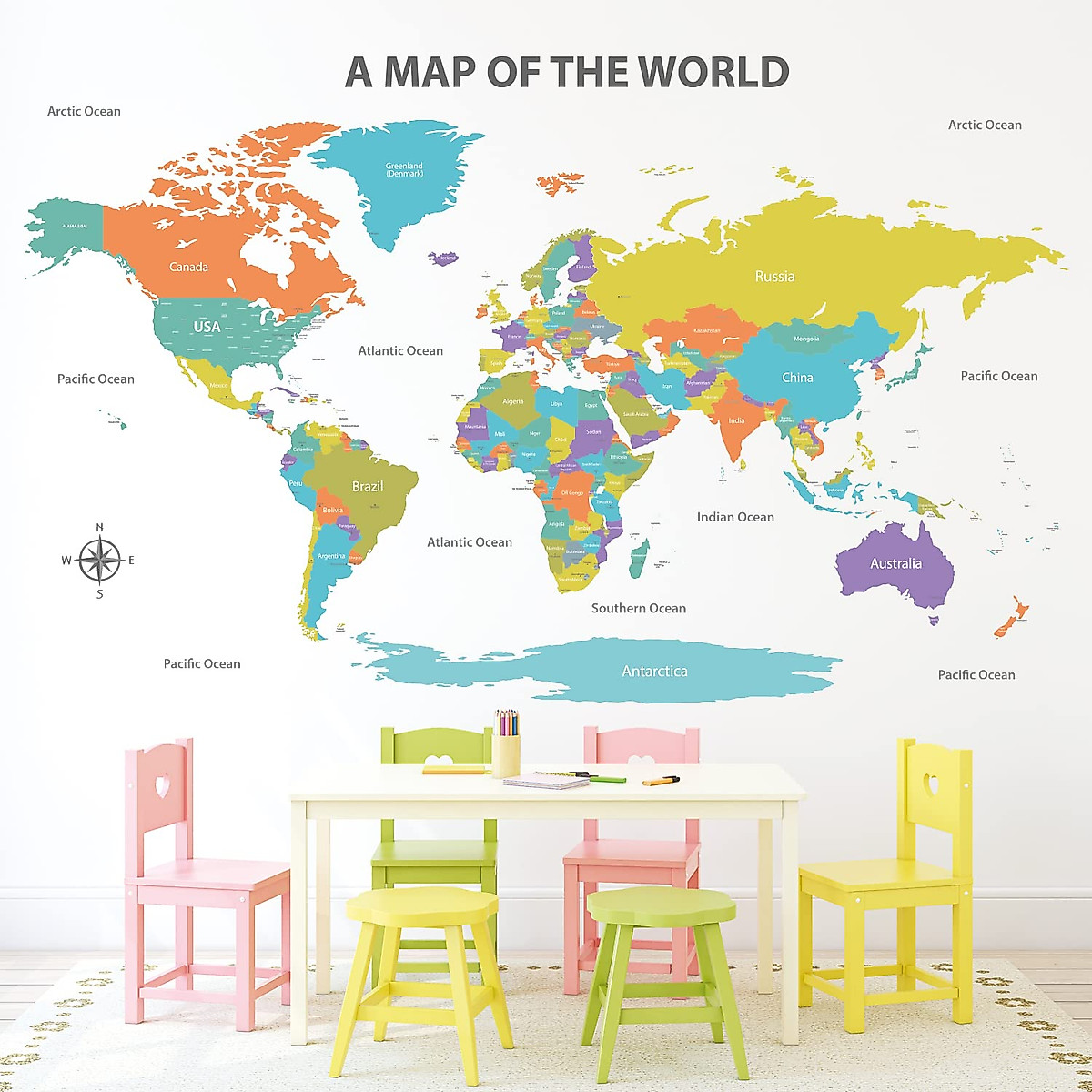 DECOWALL DMT-1809S Modern Pastel Tones World Map Kids Wall Stickers Wall Decals Peel and Stick Removable Wall Stickers for Kids Nursery Bedroom Living Room (Large)