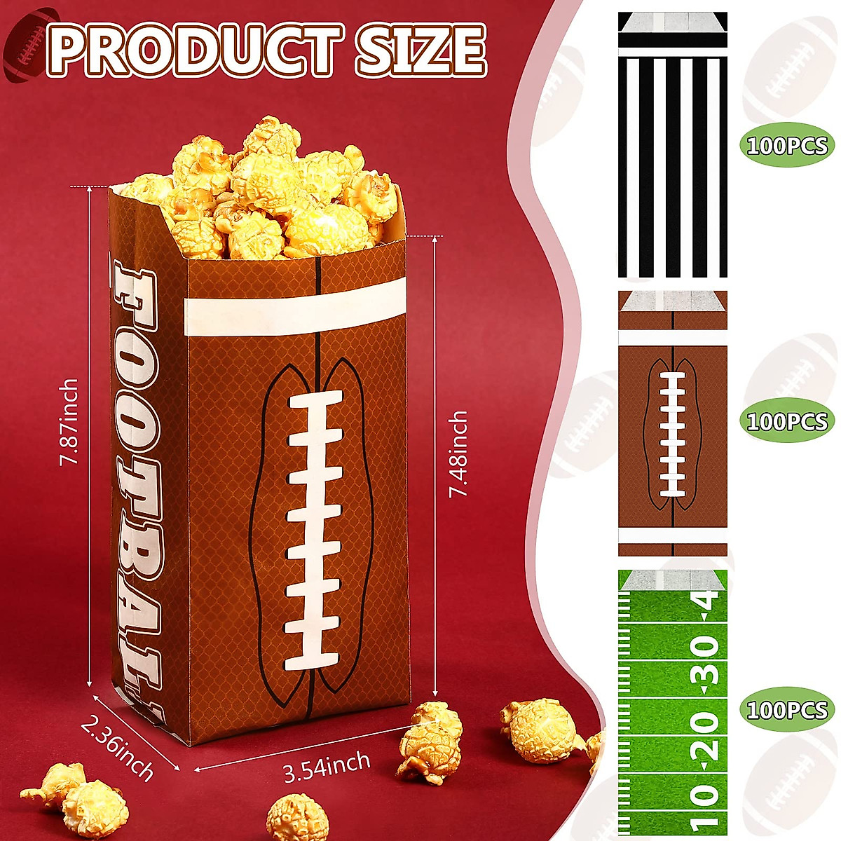 300 Pcs Football Popcorn Bags Football Candy Treat Bags Football Party Popcorn Boxes Football Popcorn Holder Football Paper Favor Bags for Football Theme Birthday Party Baby Shower Supplies