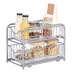 SONGMICS Pull Out Cabinet Organizer, 2-Tier Sliding Cabinet Organizer, Stackable Under Sink Cabinet Organizer with Storage Basket Drawers, for Kitchen, Bathroom, Silver UKCS017E01