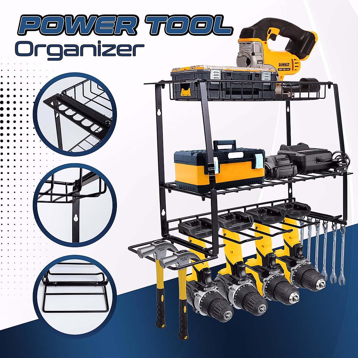LORO ESSENTIALS Power Tool Organizer for Tool Storage - Garage Storage Tool Organizer Wall Mount - Storage Rack for Cordless Drill Holder - Heavy Duty Shelving with Tool Box Holder and Battery Holder