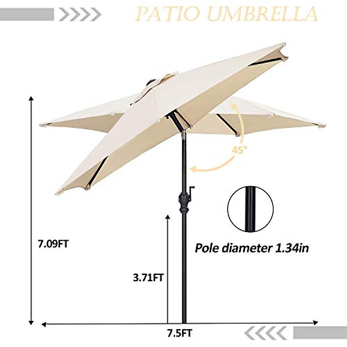 HYD-Parts 7.5FT Patio Umbrella Outdoor Table Umbrella,Market Umbrella with Push Button Tilt and Crank for Garden, Lawn, Deck, Backyard & Pool (Khaki)