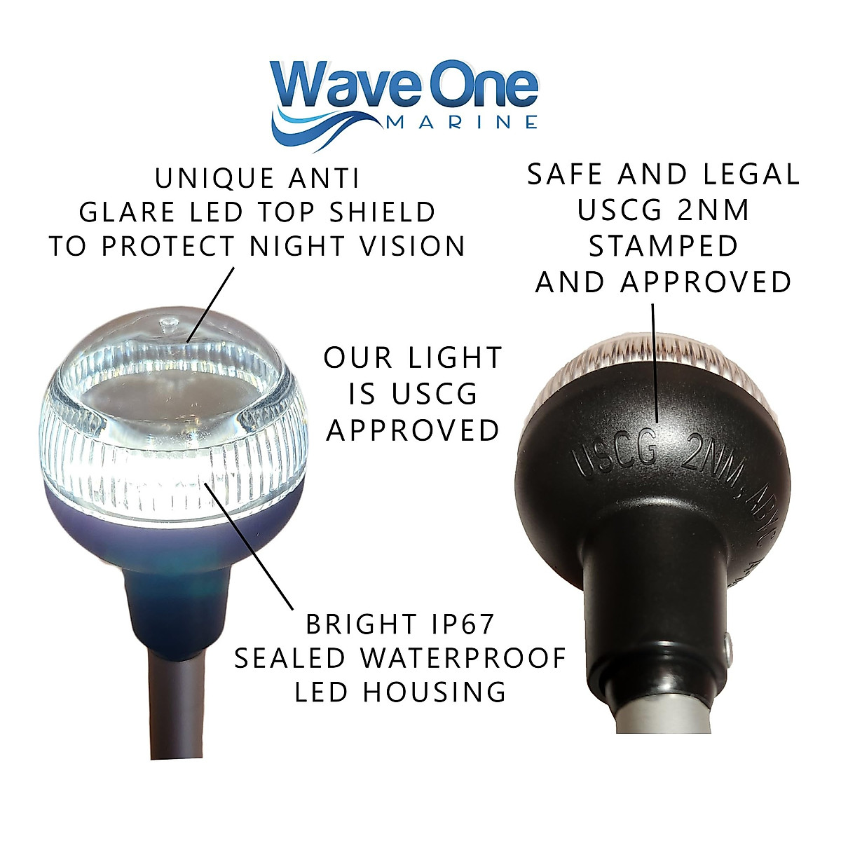 Wave One Marine | Adjustable Telescoping All-Around Anchor Light With Stainless Base | LED Boat Pole Aft Stern Navigation USCG 2NM | 12 Volt DC | 360 Night Nav Waterproof 28"-42"