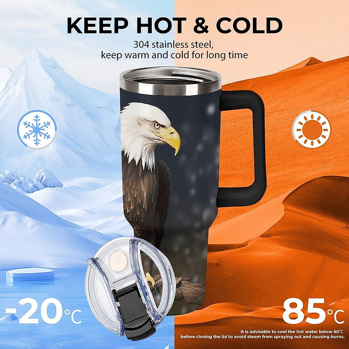 HJUQNGF 40 Oz Personalized Tumbler with Handle And Straw Eagle Stainless Steel Insulated Tumblers Reusable Car Thermal Cup Travel Coffee Mug for Women Men