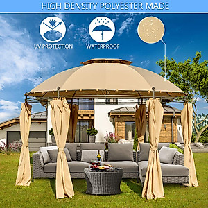 ECOTOUGE 11.5ft Outdoor Patio Gazebo Steel Round Fabric Top Anti-UV Dome Gazebo Canopy w/Ground Stake and Removable Curtains, Beige