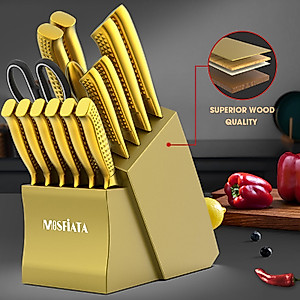 MOSFiATA Kitchen Knife Set, 17 Pcs Japanese Stainless Steel Knife Sets for Kitchen with Block with Knife Sharpening Rod, Dishwasher Safe, Gift Set,Titanium Plated Knife Block Set