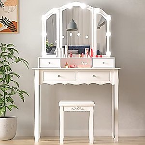 GinguoHome Vanity Set with Lighted Mirror, White Dressing Table,Makeup Vanity with Tri-Fold Mirror and 10 LED Dimmable Bulbs,Dressing Table with Cushioned Stool&4 Drawers,for Bedroom Vanity Desk White