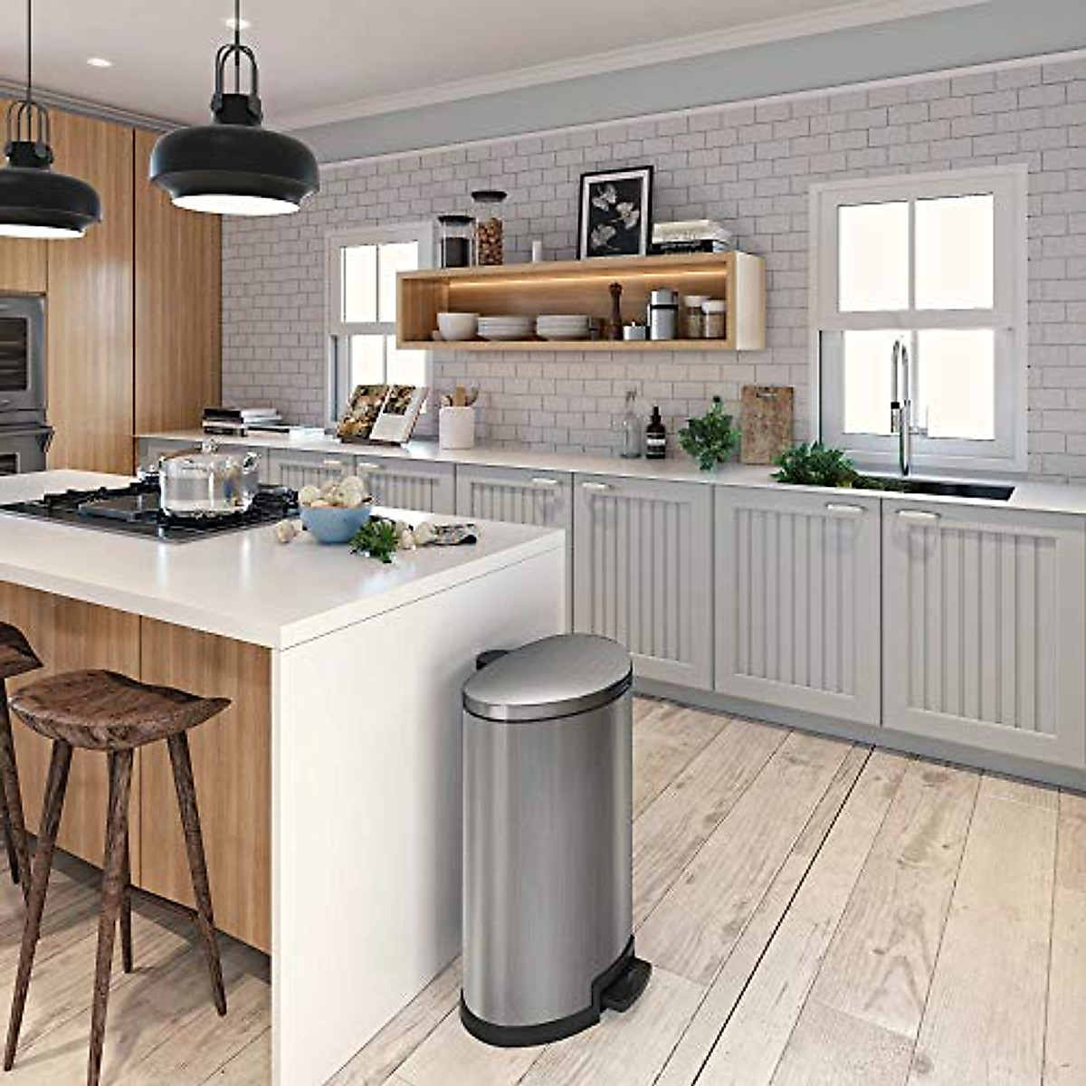 Home Zone Living 12 Gallon Kitchen Trash Can, Semi-Round Stainless Steel, Step Pedal, 45 Liter