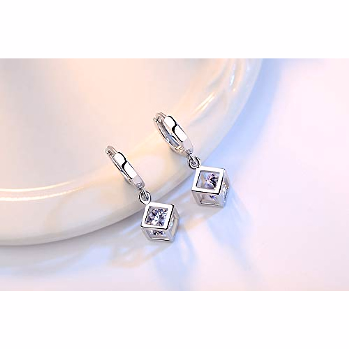 Crystalline Azuria White Zirconia Crystals Cube Set Pendant Necklace 18 inches Dangle Earrings 18K White Gold Plated