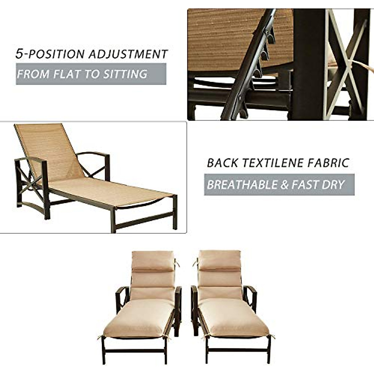 Festival Depot 2 Pieces Patio Outdoor Chaise Lounge Recliner Chairs with Cushions Set Premium Fabric Metal Frame Furniture Garden Bistro Soft Headrests (Khaki)