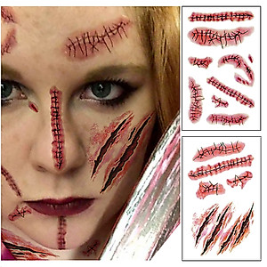 Halloween Scar Temporary Tattoos 3D Body Face Realistic Fake Stitches Tattoo Sticker Waterproof for Chucky Costume Zombie Vampire Makeup Prank Props Cosplay Kids Adults