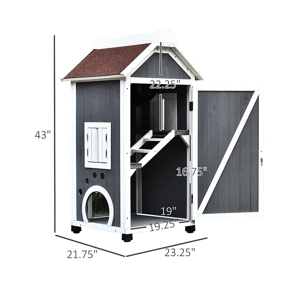 PawHut 43" H Wooden Cat House Outdoor with Hammock, Weatherproof 3-Floor Feral Cat Shelter with Escape Doors, Asphalt Roof, Inside Ladders, Gray