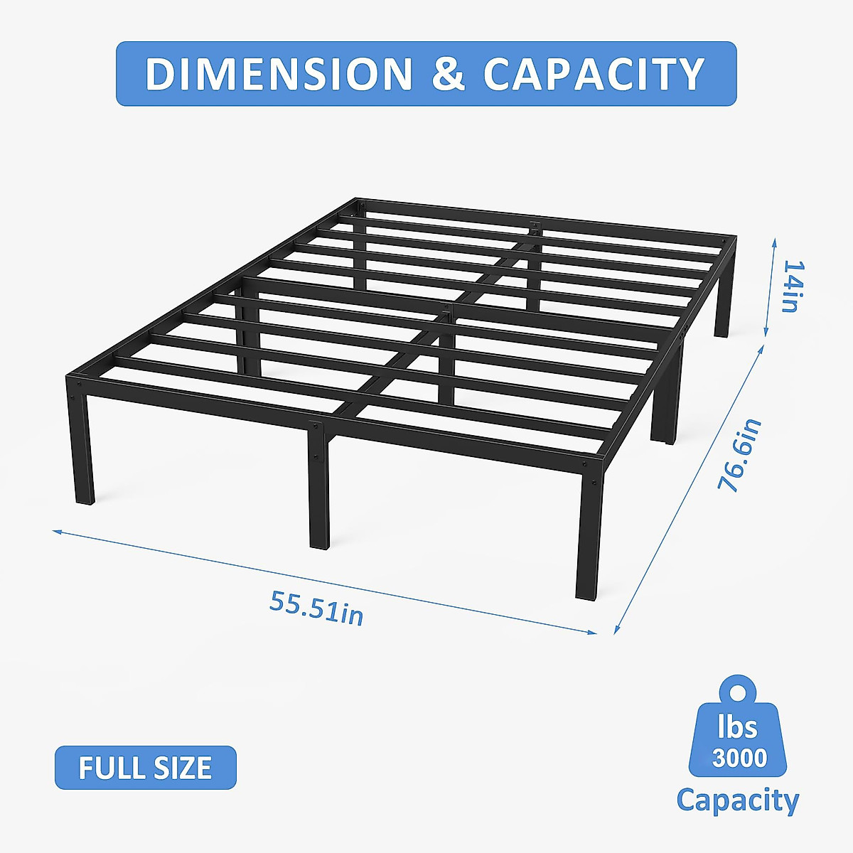 Mr IRONSTONE Full Bed Frame, 14 Inch Platform Heavy Duty Steel Full Size Bed Frame No Box Spring Needed, Metal Bed Frame with Storage, Heavy Duty Steel Slat