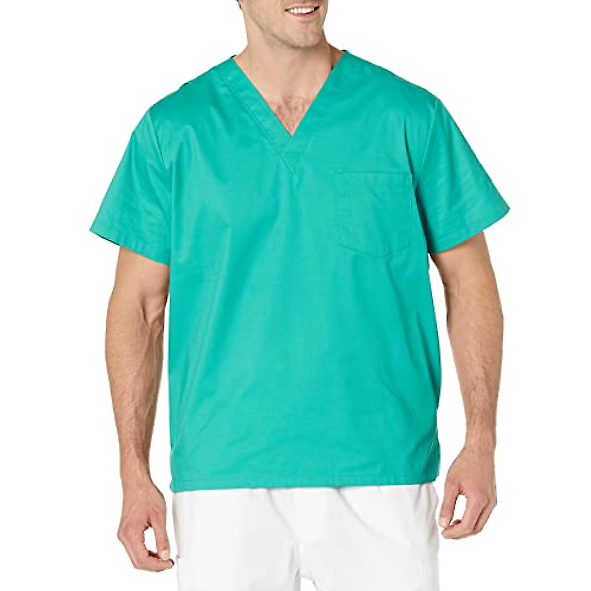 Amazon Essentials Men's V-Neck Scrub Top with Pockets, Emerald Green, Large
