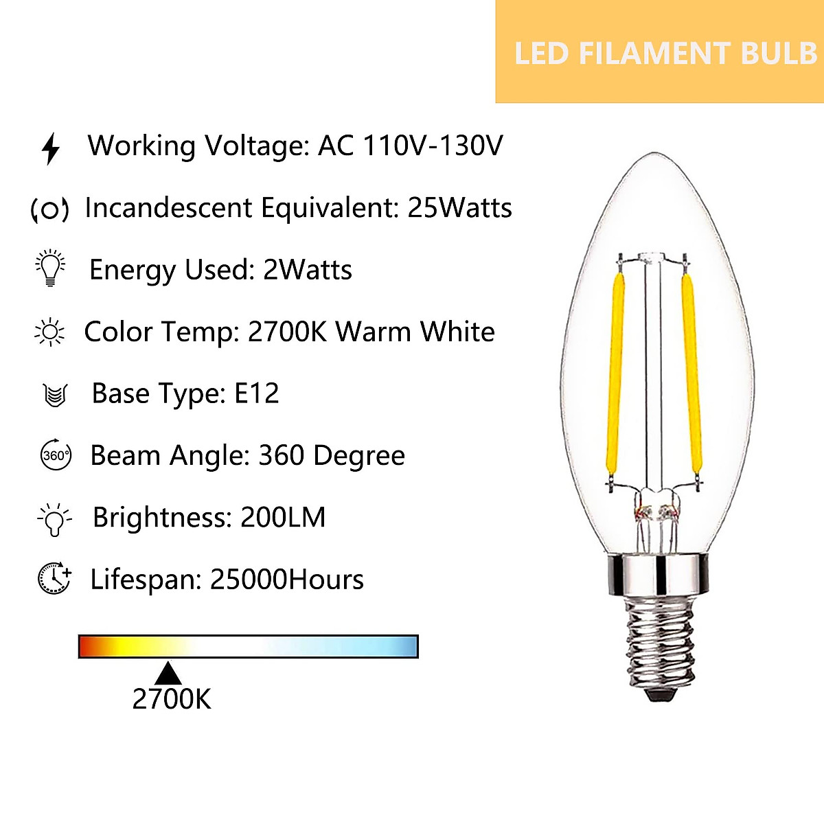 Sunaiony LED Candelabra Bulbs 25Watt Equivalent, B11 LED Bulb 2W Warm White 2700K E12 Base, Dimmable Edison Chandelier Light Bulbs, LED Type B Bulb, 8 Pack
