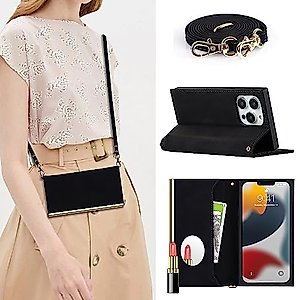 Ｈａｖａｙa Crossbody Phone case for iPhone 13 pro max case with Strap for Women with Card Holder and Mirror for iPhone 12 pro max flip Wallet Cover with Credit Card Slot-Black
