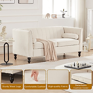 Kingfun 67" Modern Sofa for Living Room, Comfy Loveseat Linen Fabric with 2 Bolster Pillows, Mid Century Modern Couch Small Love Seat for Bedroom with Solid Wooden Frame and Padded Cushion, Beige