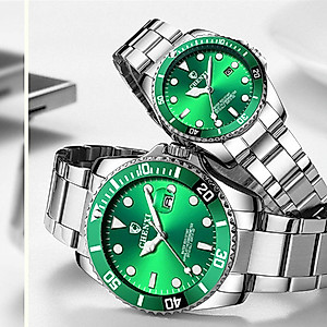 MASTOP Couple Watches Classic Golden Stainless Steel Watch His and Hers Waterproof Quartz Watch (Silver Green)