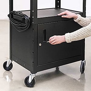Line Leader AV Cart with Locking Cabinet and Drop Leaves | Height Adjustable Utility Cart with Extra Storage | Power Strip and Cord Management | Great for Presentations (Black / 46 x 18)