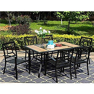 PHI VILLA 7 Piece Outdoor Dining Table Set, 61"x37" Rectangular Dining Table with Wood Top & 1.56” Umbrella Hole and 6 Metal Chairs for Patio, Deck