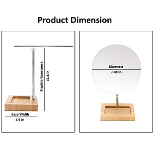 YEAKE Flexible Gooseneck Bamboo Vanity Makeup Mirror,360°Rotation 8" Large Frameless Vanity Mirror Folding Portable Table Desk Mirror with Stand Bathroom Shaving Make Up Mirrors Round