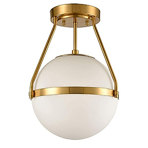 HOLKIRT Mid Century Modern Globe Semi Flush Mount Ceiling Light Fixture,White Opal with Brass Finish,Living/Dinning Room