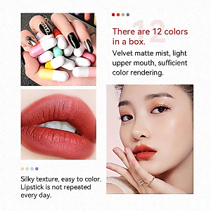 Kusslippe Mini Lipstick Set, 12 Colors Capsules Matte Pill Shaped Lipstick, Waterproof Long Lasting Mini Capsules Velvet Lipstick Set for Women (12 PCS)