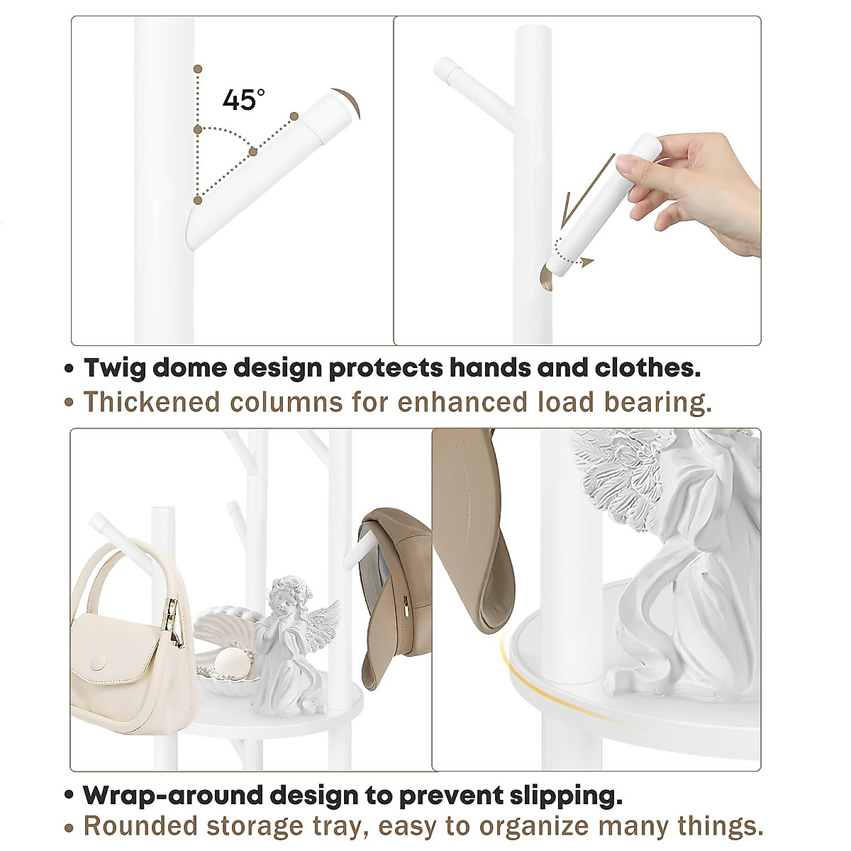 XIDIHF Freestanding Coat Rack with 9 Hooks & 3 Storage Shelves, Wooden Hat Rack Stand for Entryway, Hallway & Bedroom – Ideal for Hanging Clothes, Hats, Bags, Keys, White