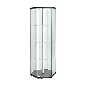 Coaster Home Furnishings 950276 Traditional Glass Hexagon Shaped Curio Cabinet with Three Round Shelves, 24" D x 24" W x 63.5" H, Black