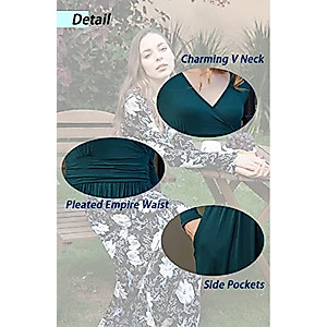 CATHY Women Long Sleeve Deep V Neck Casual Pleated Waist Maxi Dresses with Pockets, S, Long Sleeve Navy Blue