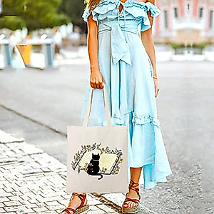 Canvas Tote Bag For Woman,Reusable Fabric Bags Funny Aesthetic Tote Bag With Zipper Cute Cat Flower Tote Bag Reusable Grocery Bags Book Lightweight