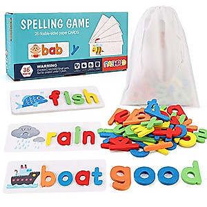 See and Spelling Learning Toy for Kids Ages 3-8, Wooden Preschool Educational Matching Letter Game Toys for Kids Boys Girls, Develops Alphabet Words Spelling Skills Letter Block (28 Cards+52 Letters)