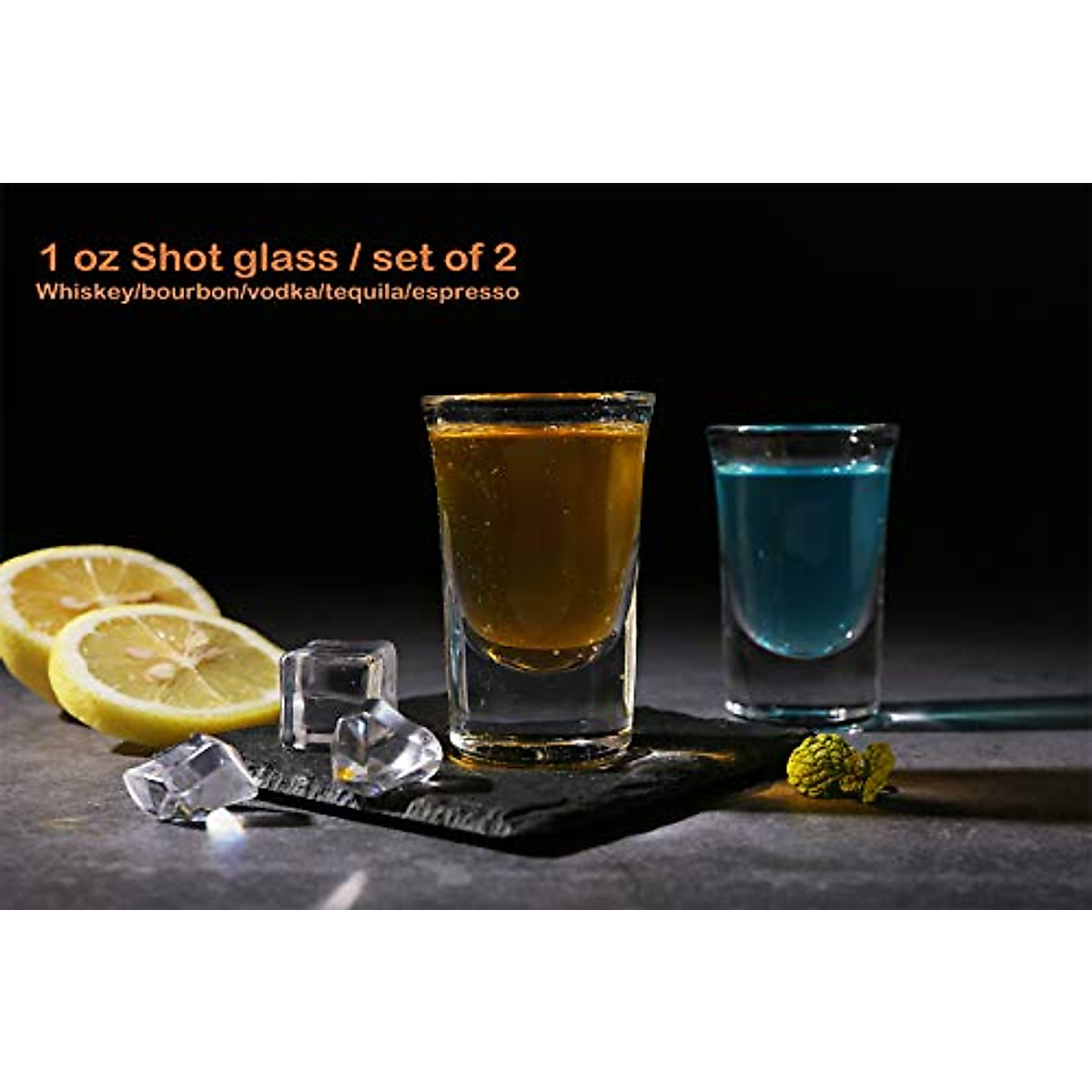 Shot Glasses with Liquor Pourers Gift Set, 2 Heavy Base Ounce Glasses with Bottle Pourers and Cleaning Brush Packed in Wooden Box, Christmas/Birthday Gift, Present for Drink/Spirit/Espresso Lover