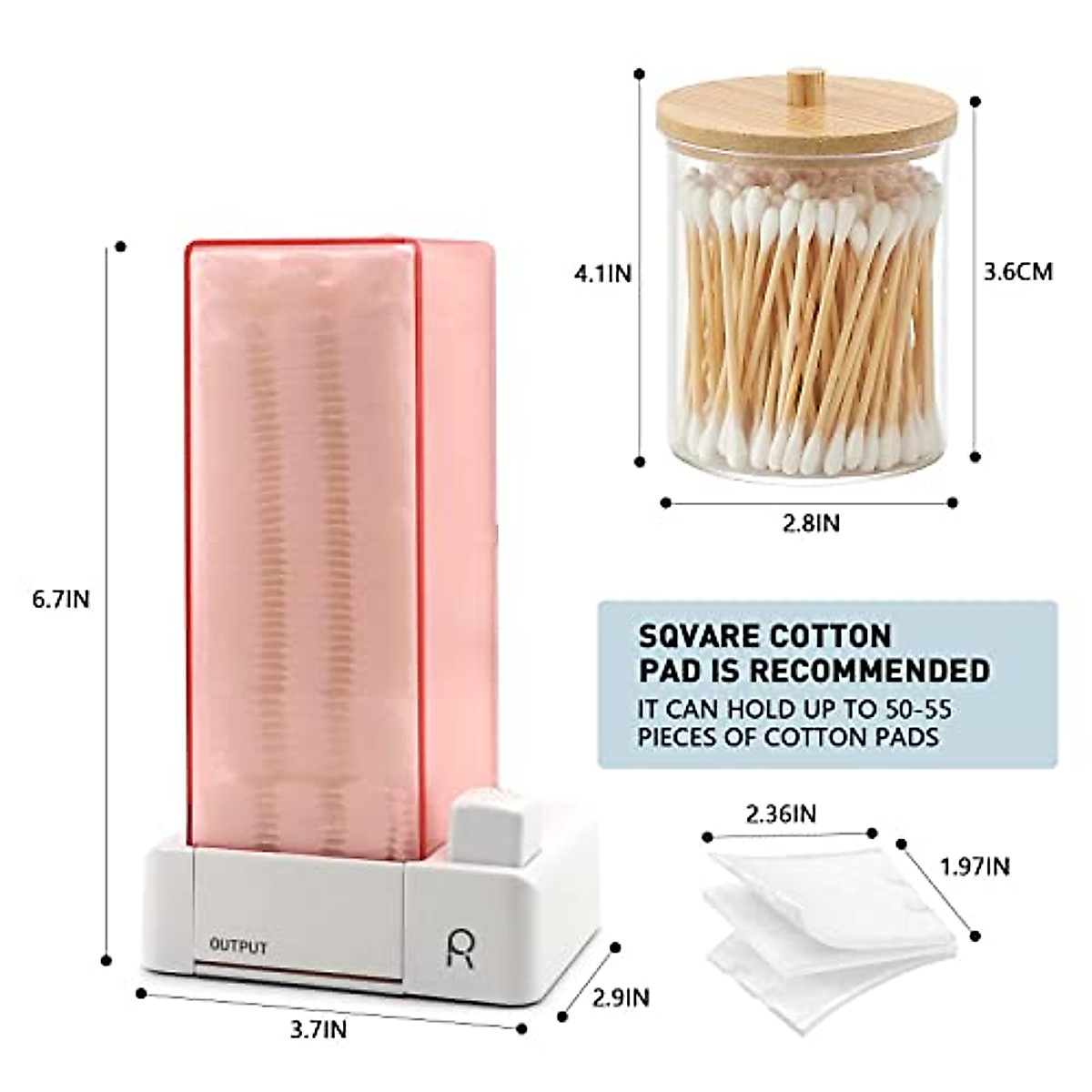 Cotton Pad Dispenser Square Automatic Cotton Pad Holder Wall Mount Cotton Pad Dispenser with 2 Clear Jar Bathroom Canister for Qtip Cotton Ball Apothecary Swab Vanity Cosmetic Storage and Organizer