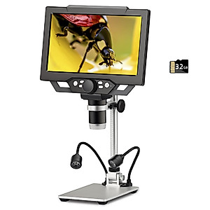 Koolertron 9 inch LCD Digital Microscope with 32G TF Card,12MP 1600X Magnification 1080P USB Microscope,5000mAh Battery,10 inch Stand with Side Light Coin Microscope for Plant/Rock/Circuit Board/Coin