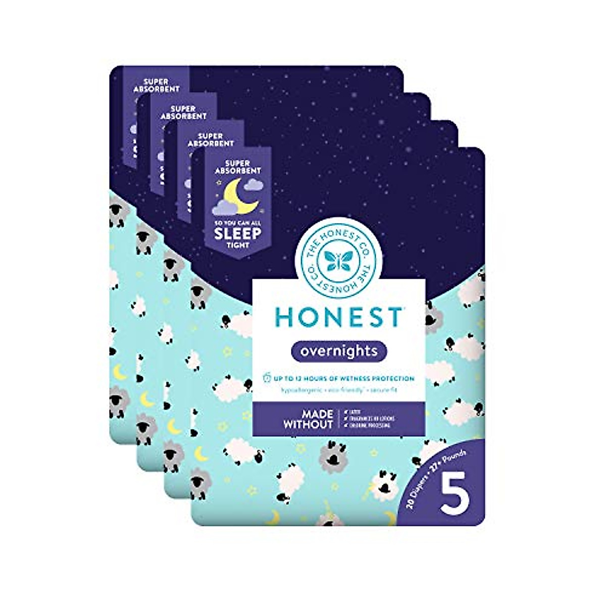 The Honest Company Overnight Diapers, Sleepy Sheep, Size 5, 80 Count, Pack of 4
