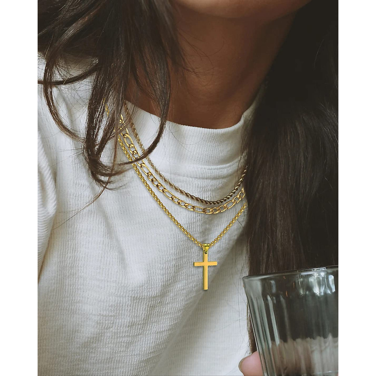 HSWYFCJY 3Pcs Set Cross Necklace for Men, Mens Cross Necklace Cross Chain Layered Stainless Steel Rope Figaro Chains for Women Boys Gold Silver Black (20inch/22inch)