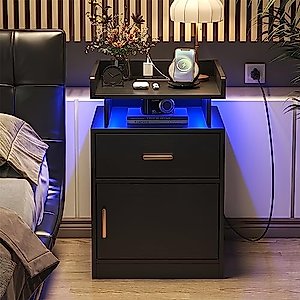 Tcpuolr Nightstand with Charging Station & Cabinet Storage, Led Night Stand with Drawer & Open Shelf, Bedside Table with Top Baffle, End Table for Bedroom, Living Room, Black