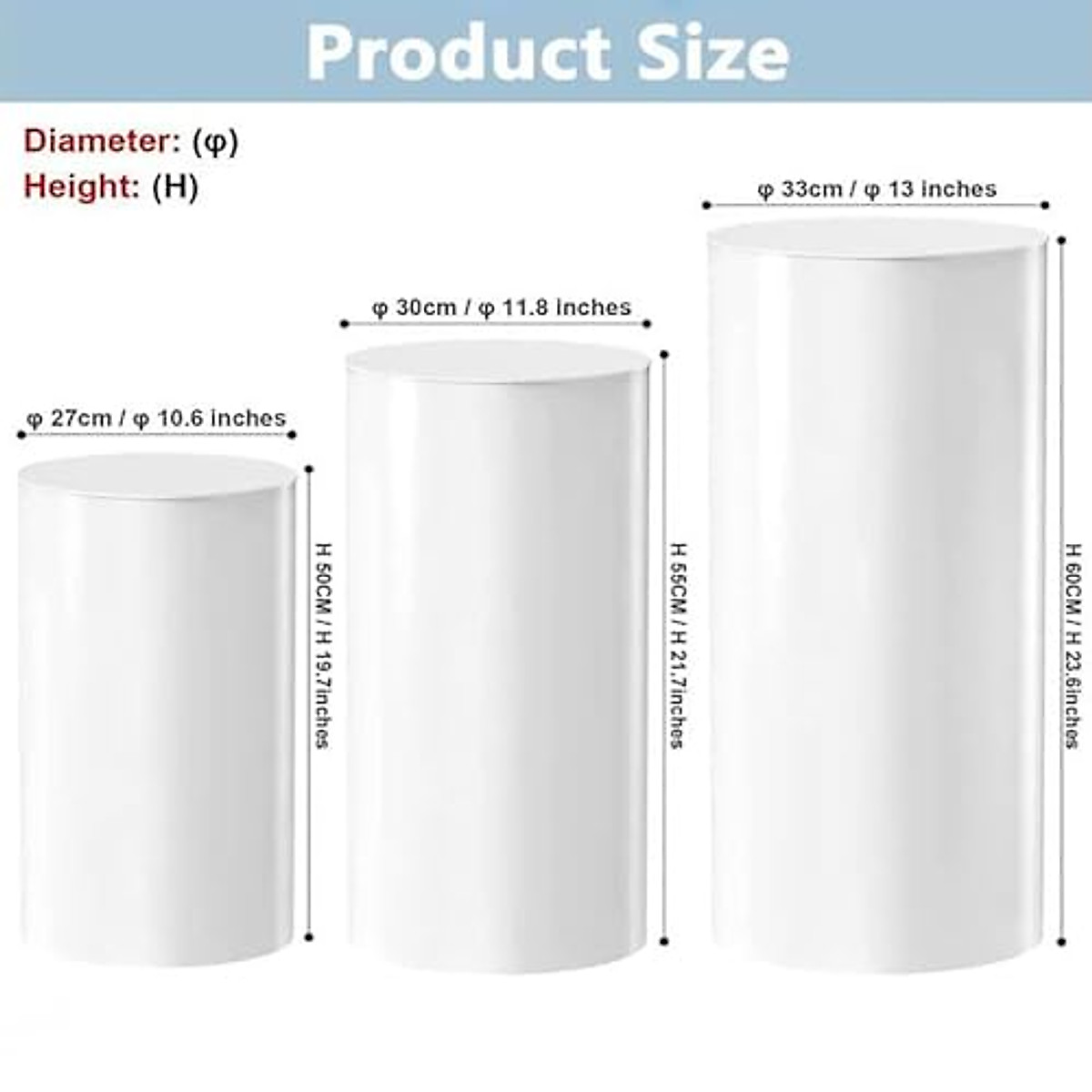 3Pcs Cylinder Pedestal Stands，for Parties Pedestal Display Plinth Pillars Dessert Table for Wedding Ceremony Birthday Party Art Decor 23.6''(L),21.6''(M),19.6''(S)