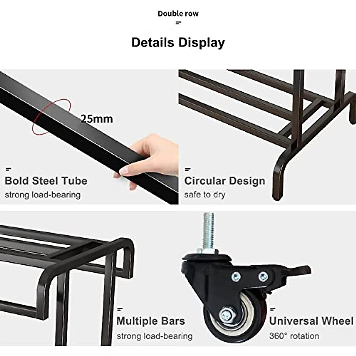 Double Rails Clothes Rack, Industrial Pipe Style Rolling Garment Rack, Heavy Duty Clothes Hanging Rack for Shop Home Office Laundry,Black,120 * 50 * 150cm